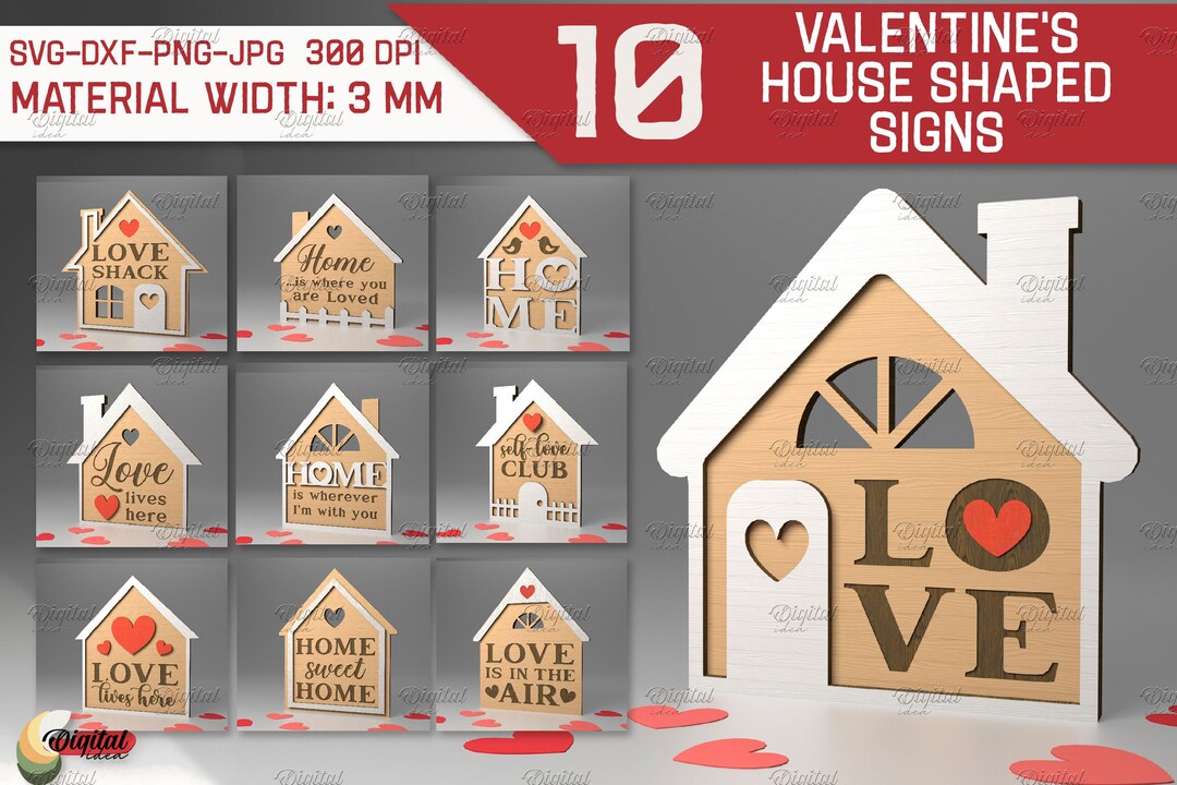 Valentine's Day Standing Houses Laser Cut Bundle, 3D Laser Cut File ...