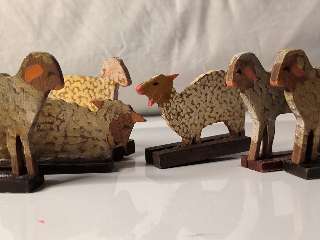 Small Flock of Sheep Made of Wood Handmade and Painted 6 Flat Figures ...