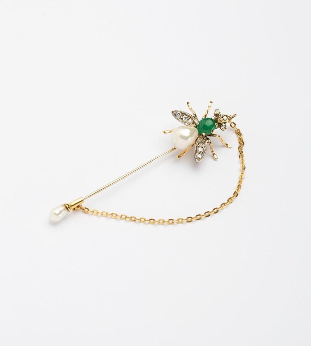 18k Gold and Silver Bee Pin Brooch With Baroque Pearls, Emerald and ...