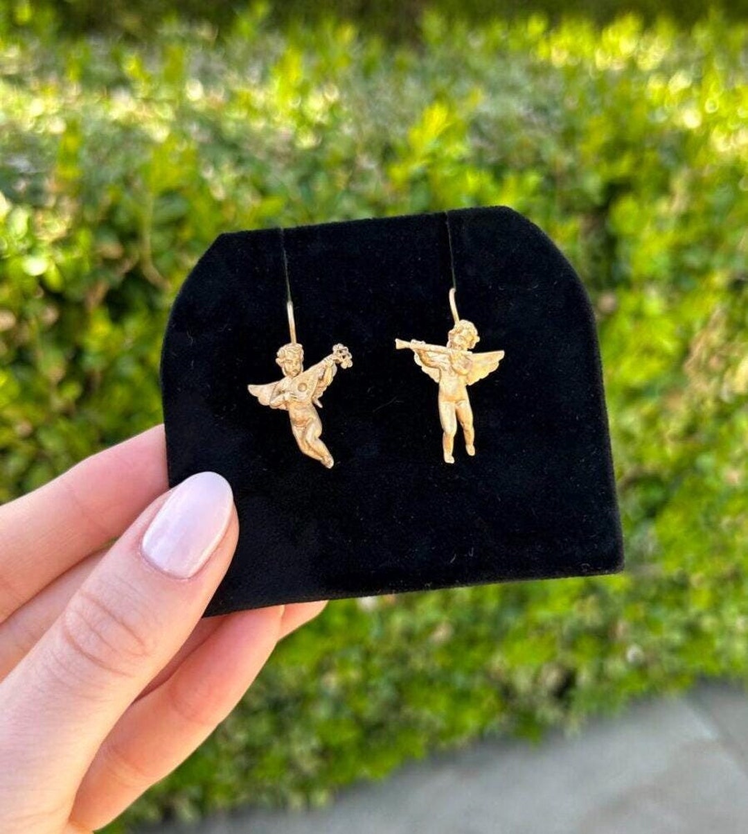 Vintage Angel Earrings 14k Solid Gold Small Angels Earrings - Etsy