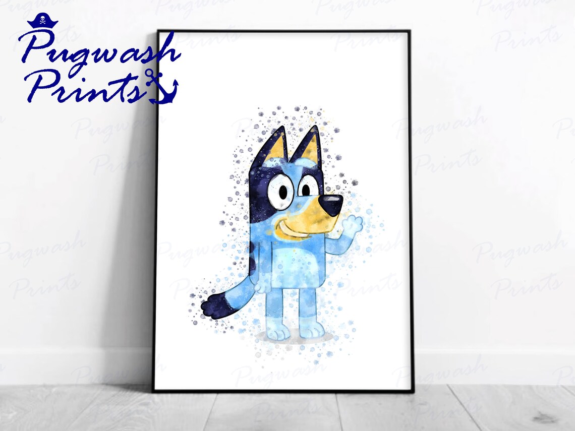 Bluey Print 'BLUEY' Character Watercolour Splash Art, Home Decor ...