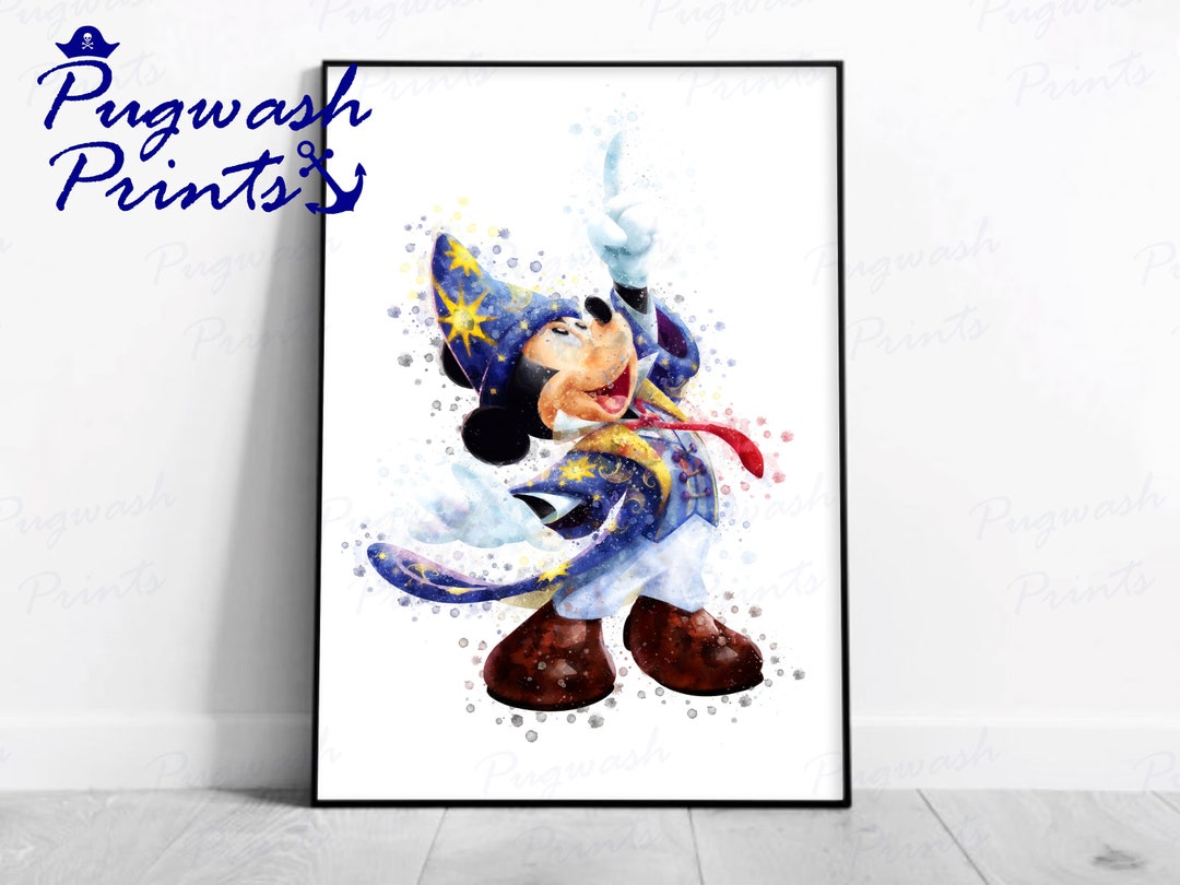 Disney 'MAGIC WIZARD MICKEY' Mouse Character Print Watercolour Splash ...