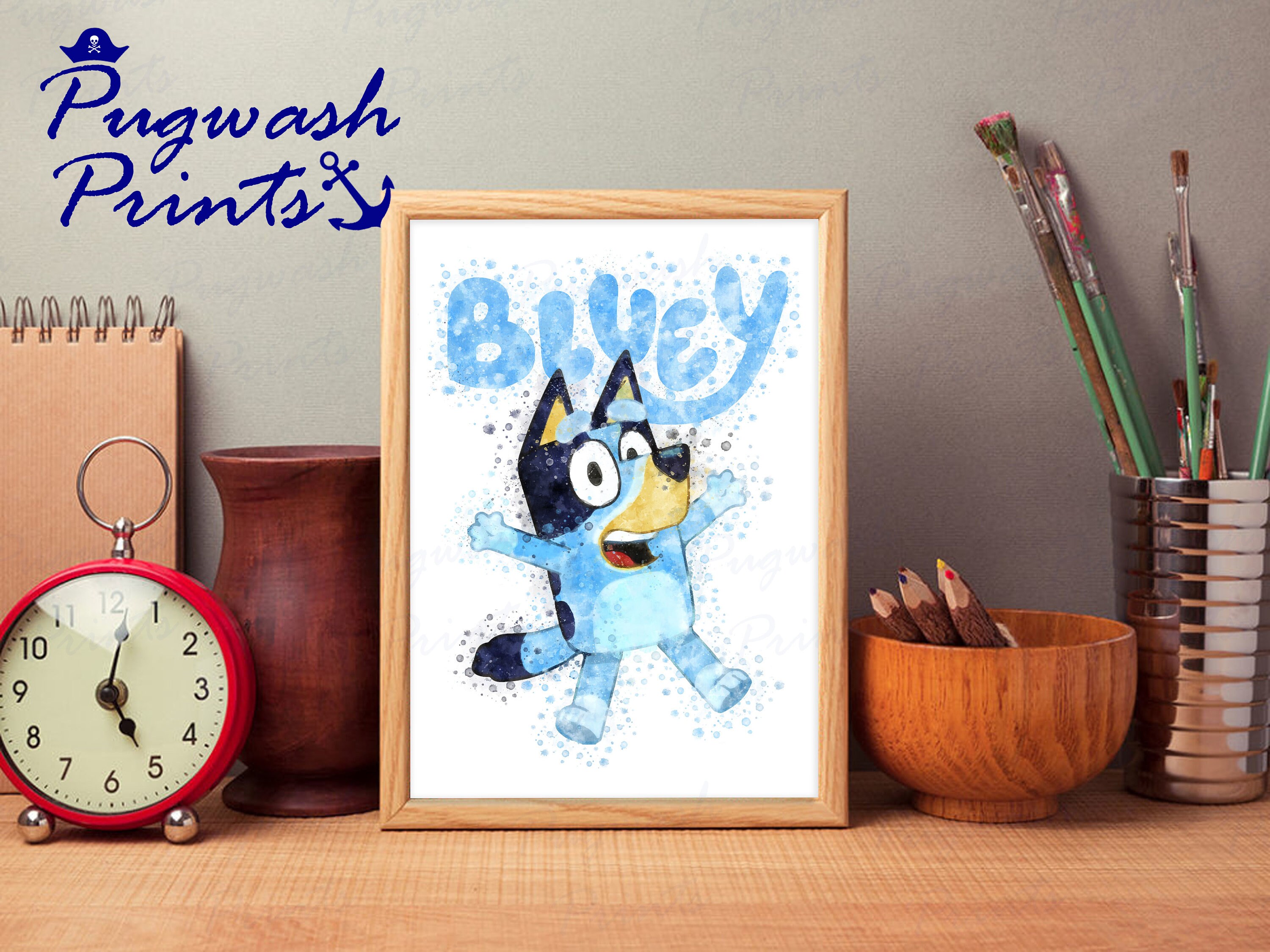 Bluey Print 'JUMPING BLUEY' Character Watercolour Splash Art, Home ...