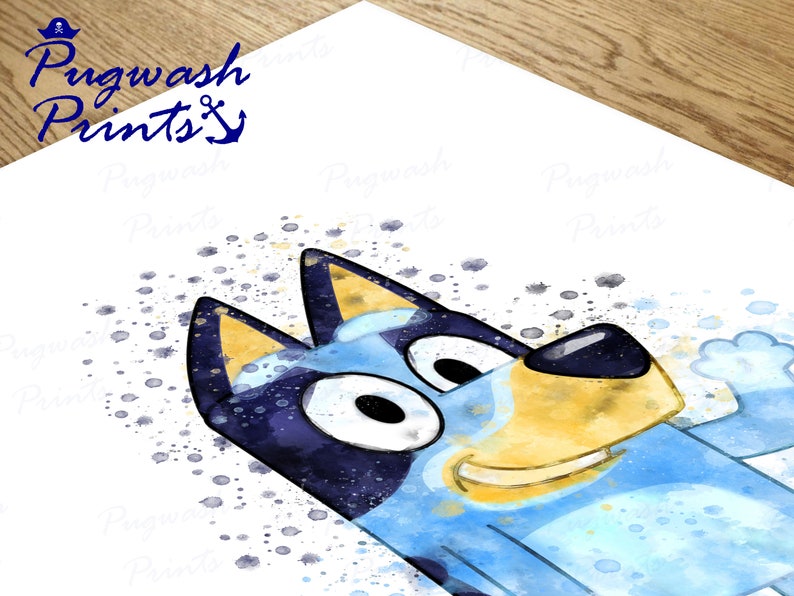 Bluey Print 'BLUEY' Character Watercolour Splash Art, Home Decor ...