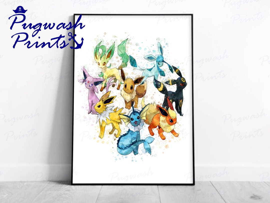 Pokemon Print 'EEVEE EVOLUTIONS' Watercolour Splash Art, Character ...
