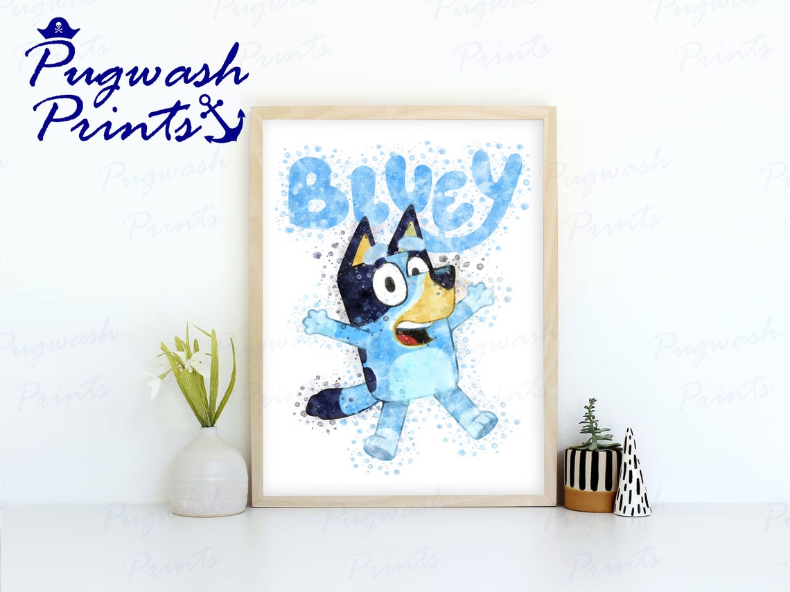 Bluey Print 'JUMPING BLUEY' Character Watercolour Splash Art, Home ...