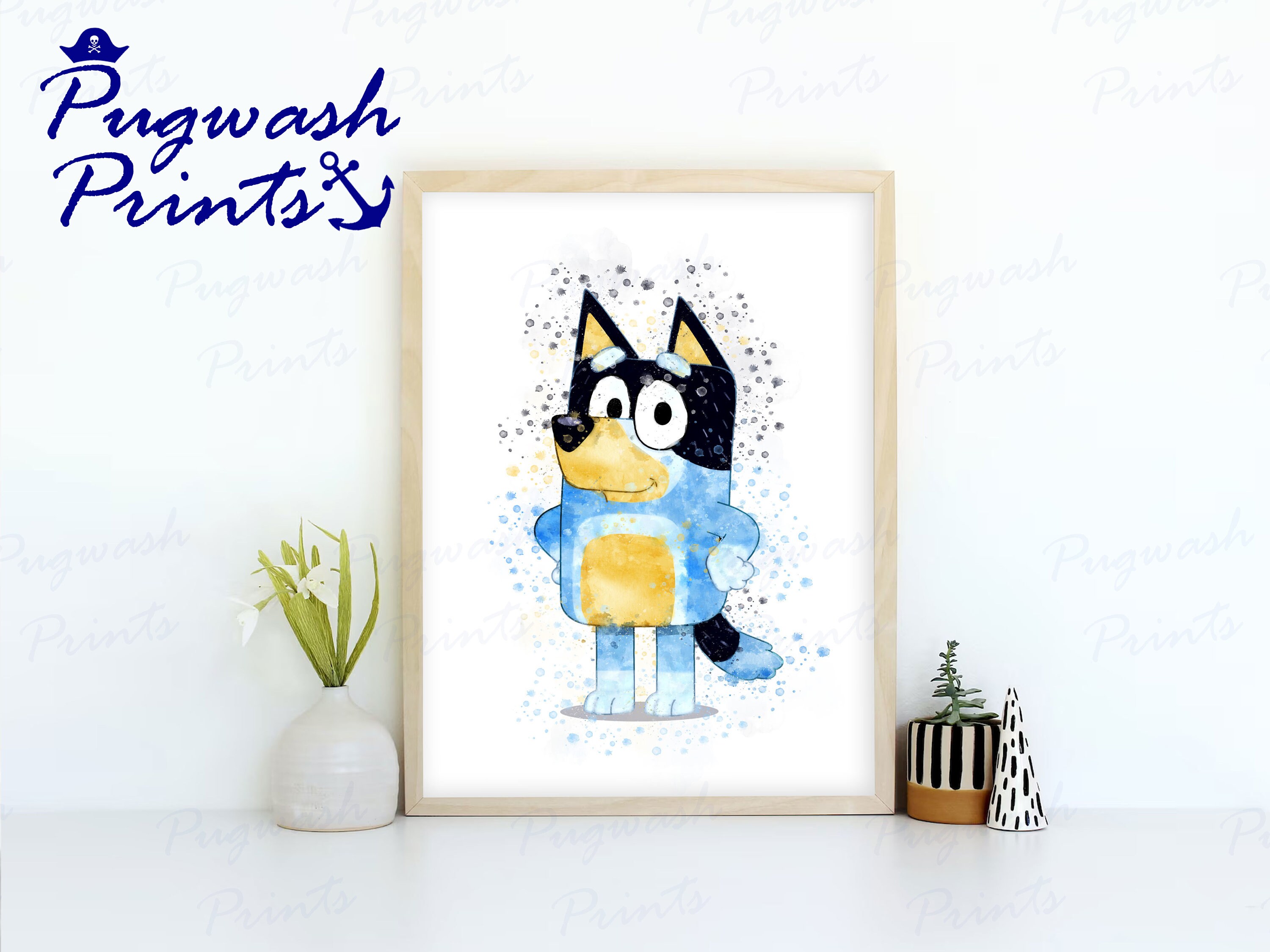 Bluey Print 'BANDIT' Character Watercolour Splash Art, Home Decor ...
