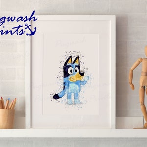 Bluey Print 'BLUEY' Character Watercolour Splash Art, Home Decor ...