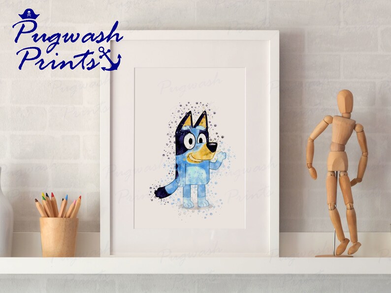 Bluey Print 'BLUEY' Character Watercolour Splash Art, Home Decor ...