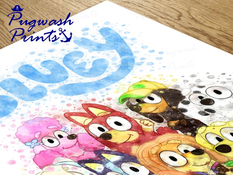Bluey Print 'BLUEY AND FRIENDS' Character Watercolour Splash Art, Home ...
