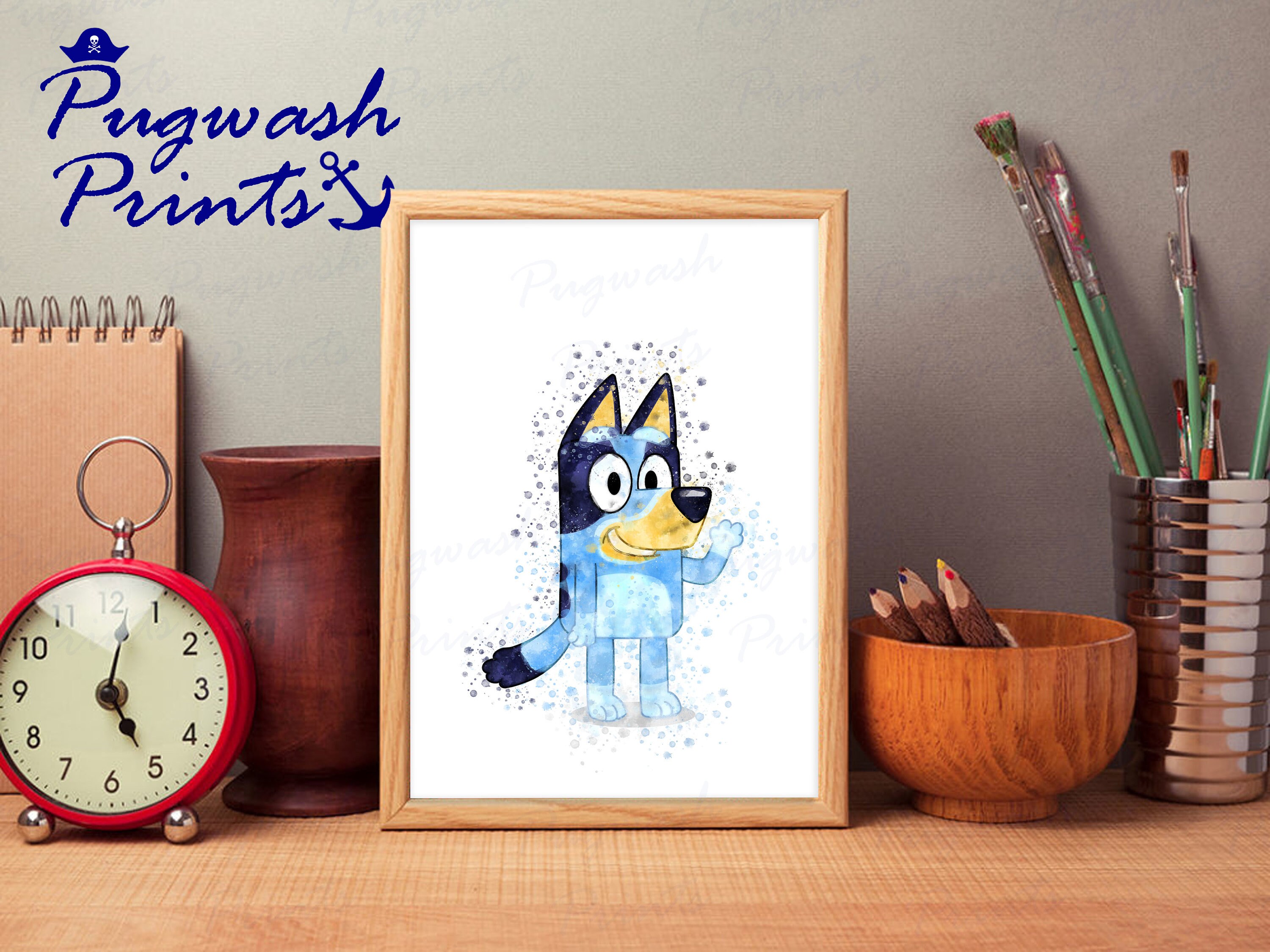 Bluey Print 'BLUEY' Character Watercolour Splash Art, Home Decor ...
