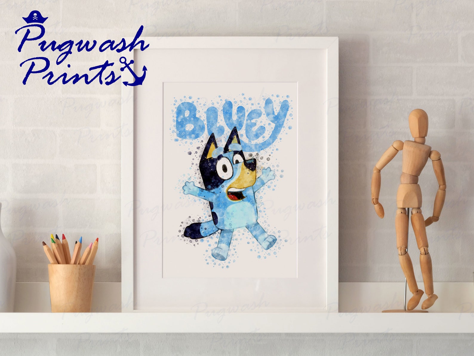 Bluey Print 'JUMPING BLUEY' Character Watercolour Splash Art, Home ...