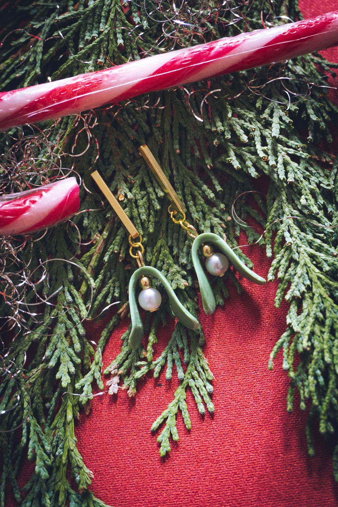 Hanging Christmas Earrings Mistletoe Shape With Beads Polymer - Etsy