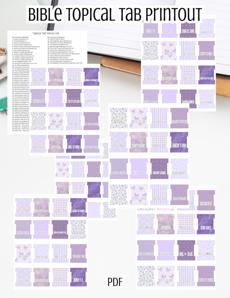 100 Topical Bible Tabs Printout With Verse List Purple Mixed Pattern - Etsy