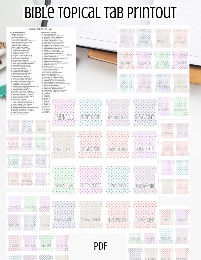 100 Topical Bible Tabs Printout With Verse List Bow Pattern - Etsy