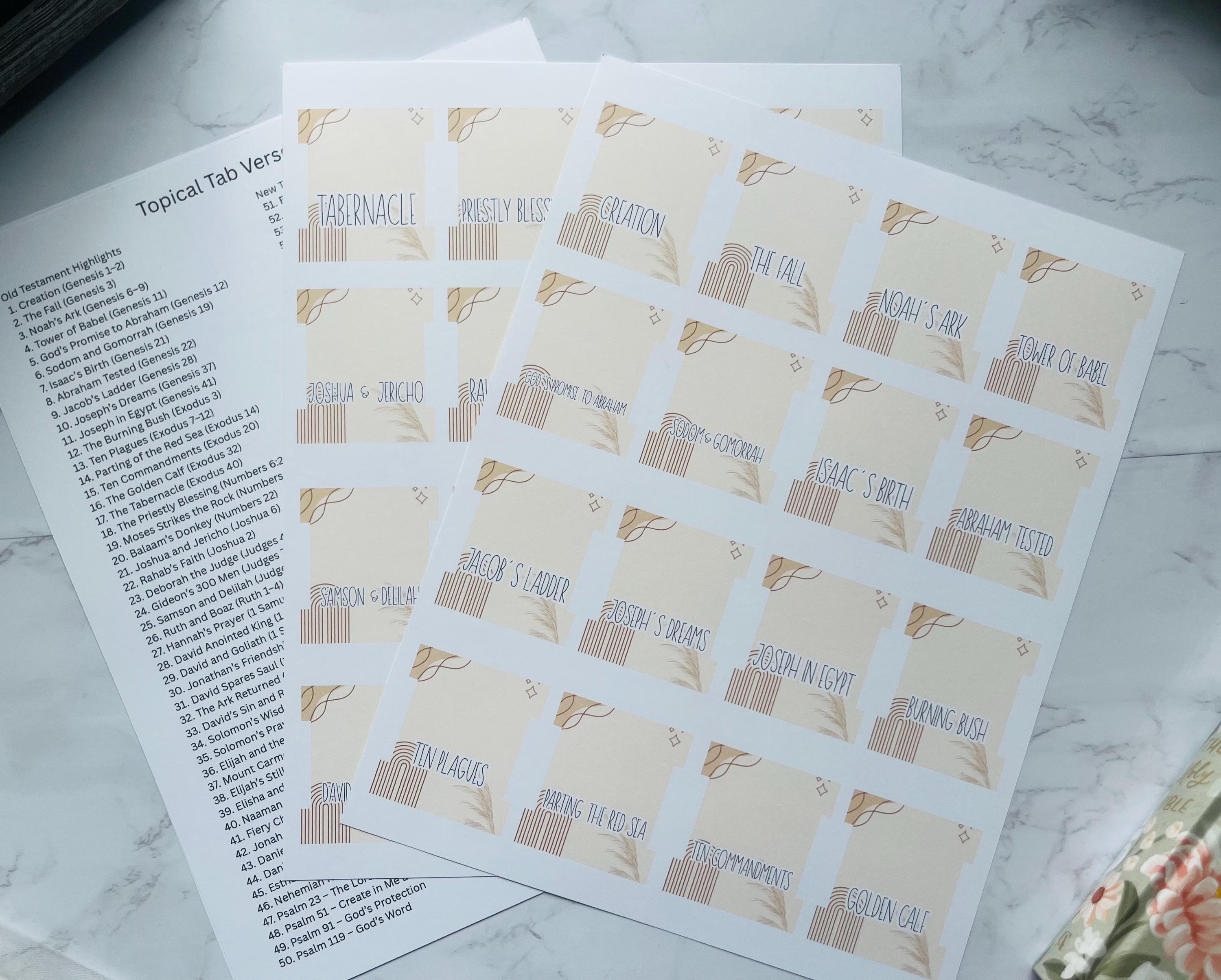 100 Topical Bible Tabs Printout With Matching Verse List Boho Pattern ...