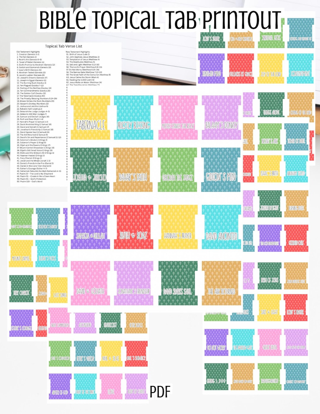 100 Topical Bible Tabs Printout With Verse List Cross Colorful Pattern ...