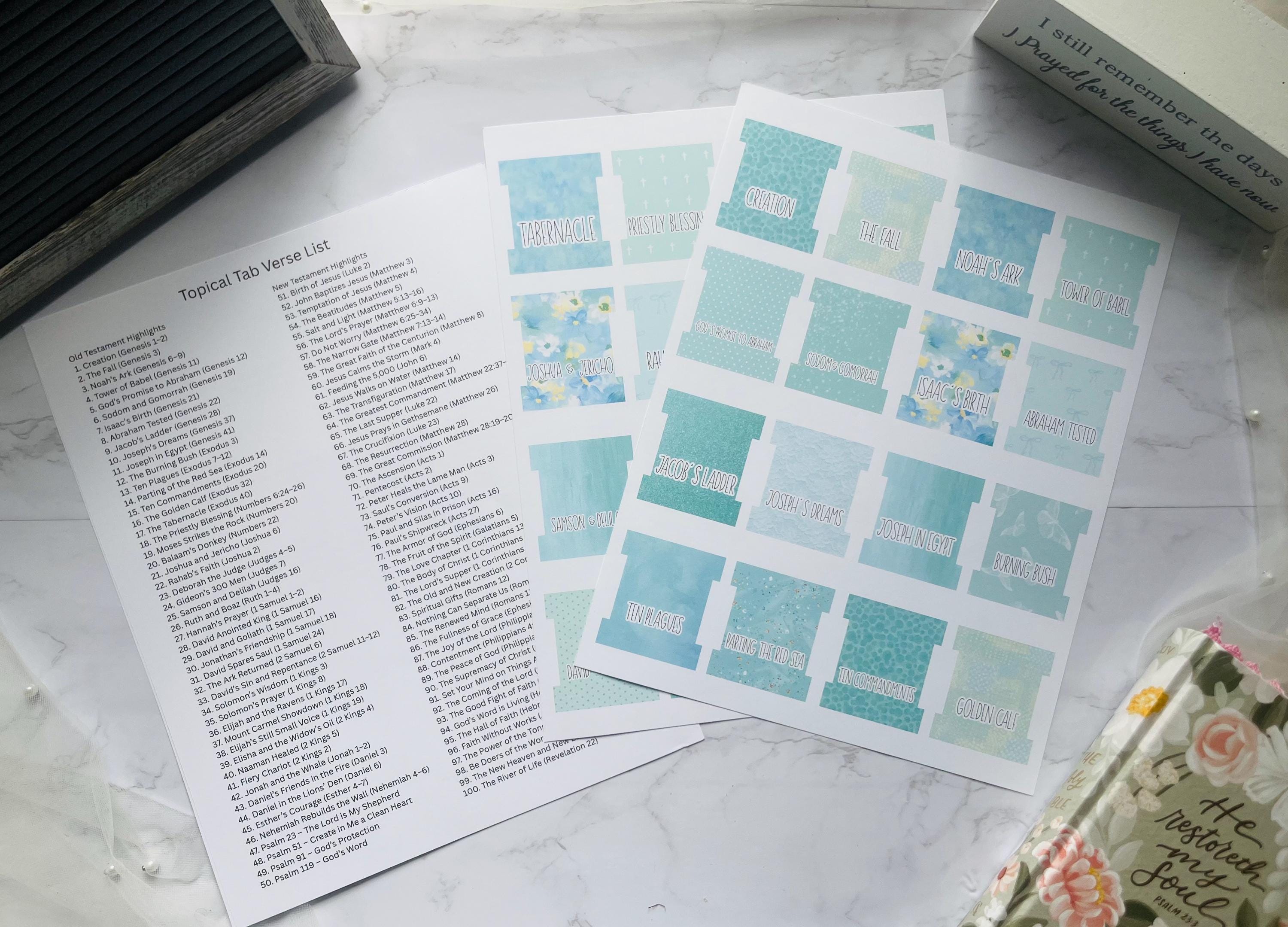 100 Topical Bible Tabs Printout With Verse List Teal and Blue Pattern ...