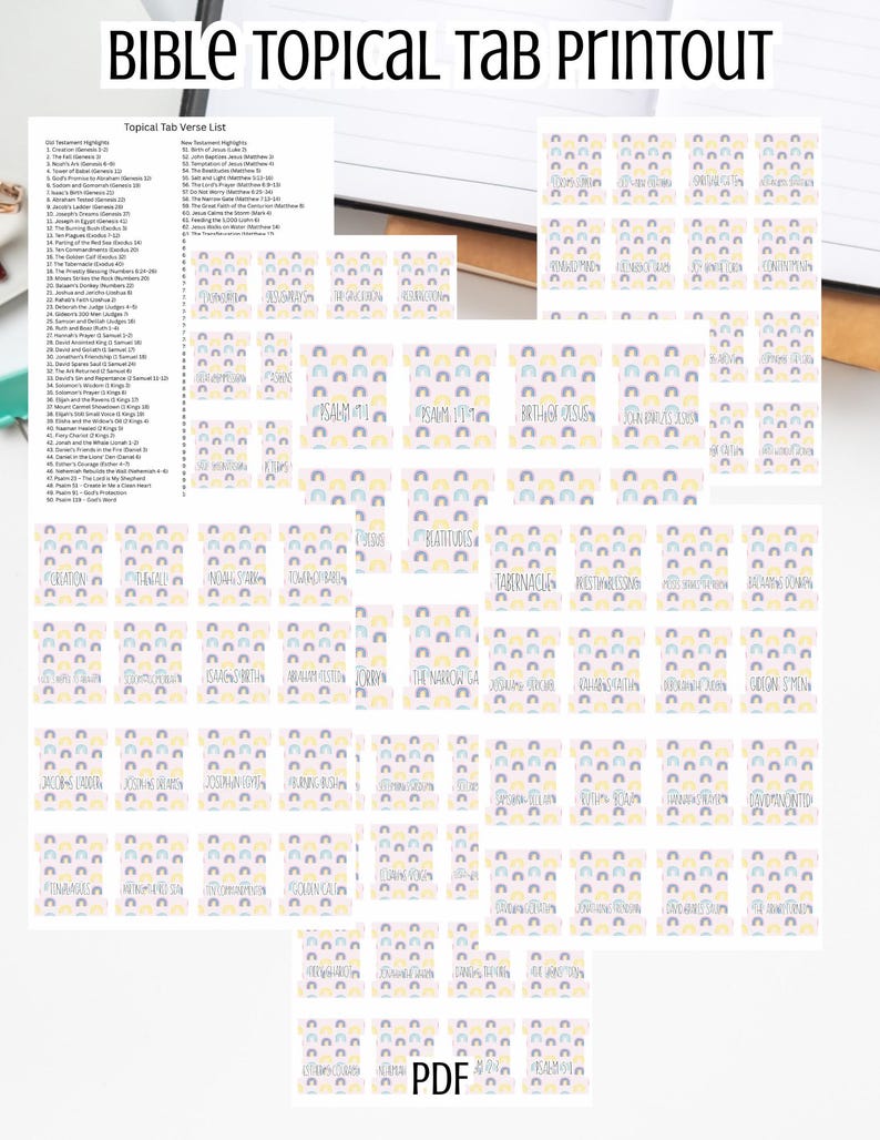 100 Topical Bible Tabs Printout With Verse List Rainbow Pattern - Etsy