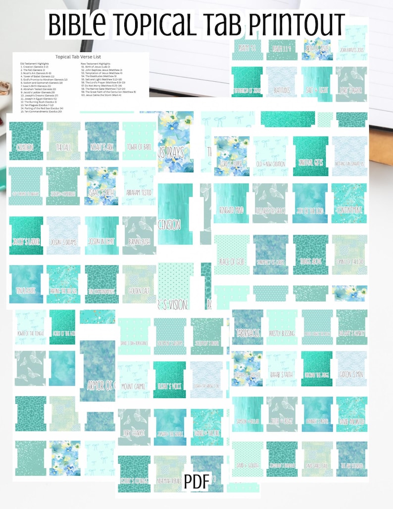 100 Topical Bible Tabs Printout With Verse List Teal and Blue Pattern ...