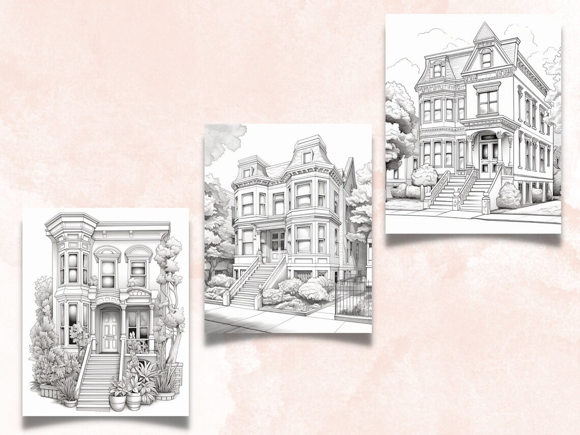 50 Cute Townhouse House Coloring Book, Printable Fantasy City House ...