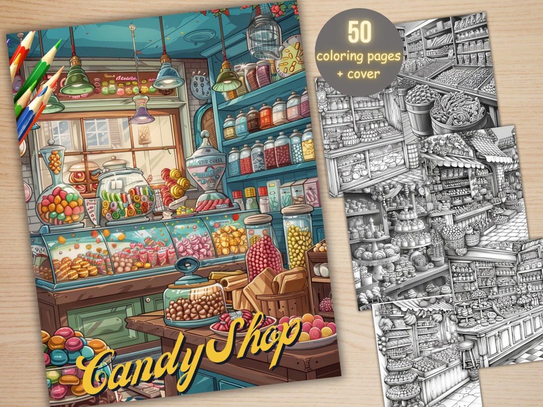 50 Candy Shop Scenes Coloring Book, Printable Candy Storefront Coloring ...