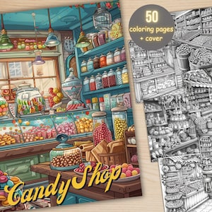 50 Candy Shop Scenes Coloring Book, Printable Candy Storefront Coloring ...