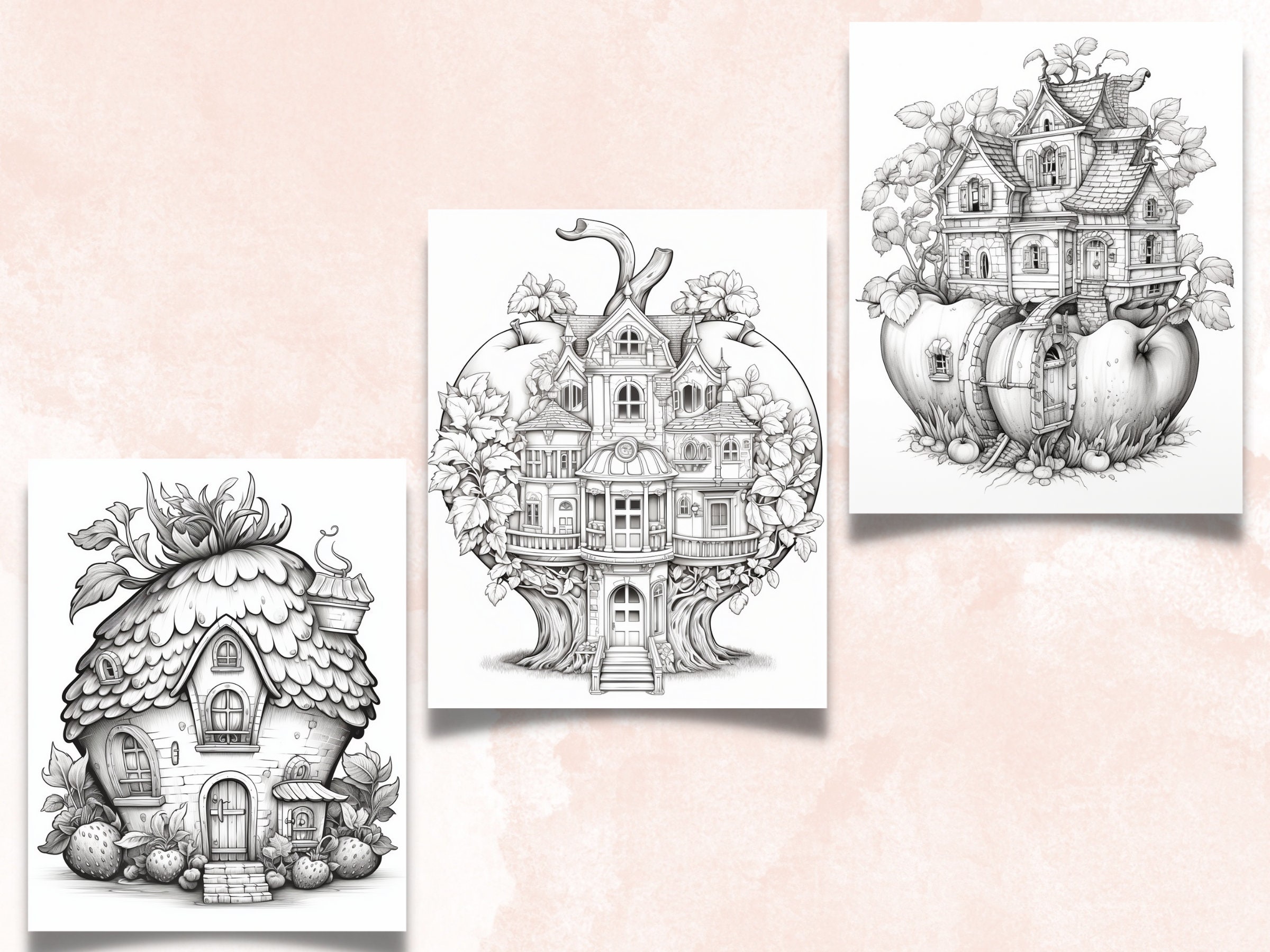 33 Fruit Houses Coloring Book Printable Fantasy Cute Kawaii - Etsy
