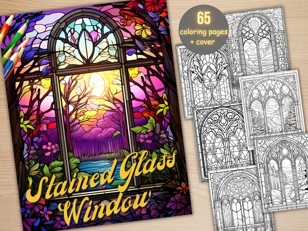 65 Fantasy Stained Glass Windows Coloring Book, Fairytale Window ...