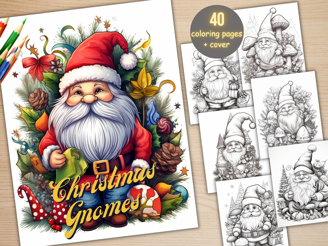 40 Christmas Gnomes Coloring Book, Printable Xmas Noel Garden Gnome ...