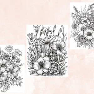50 Spring Flowers Coloring Book, Printable Floral Bouquet Coloring ...