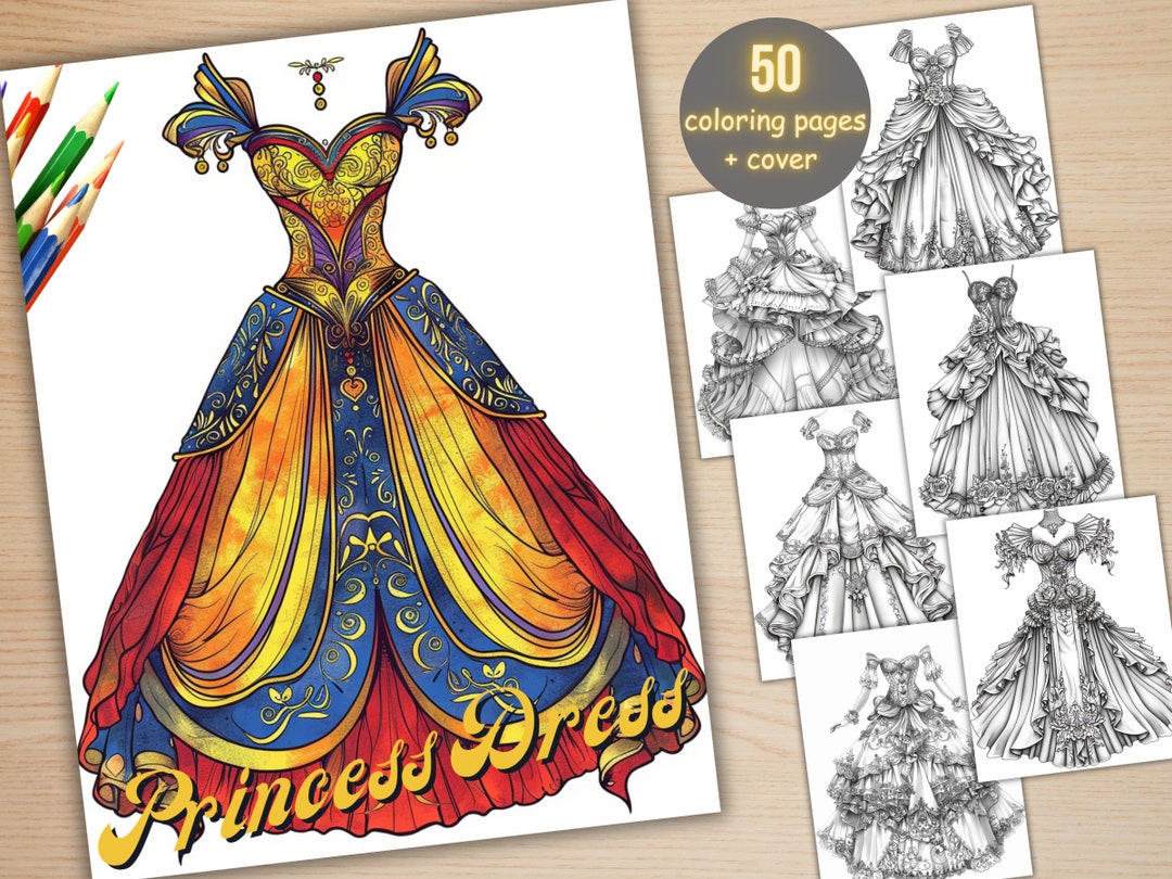 50 Princess Dress Coloring Book, Printable Royal Fashion Dress Coloring ...