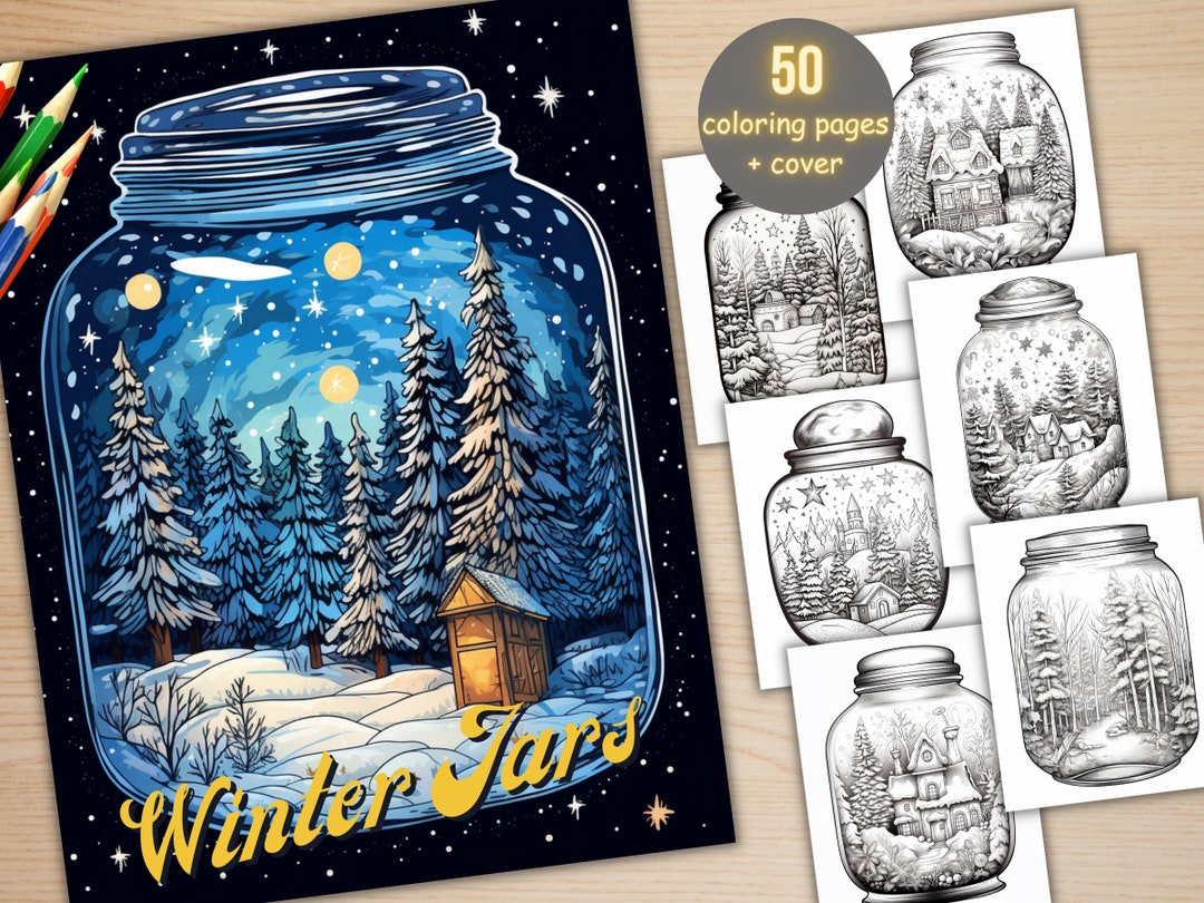 50 Winter Jars Coloring Book, Printable Winter Landscape in a Jar ...
