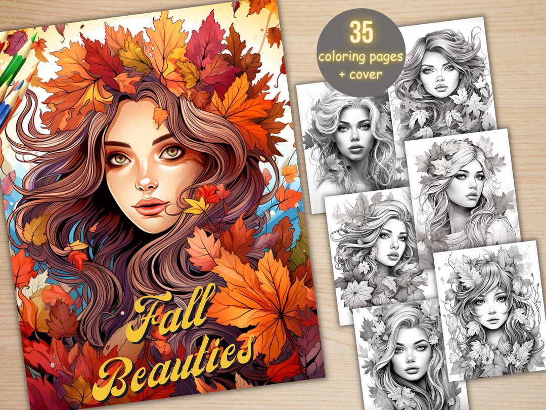 35 Fall Beauties Coloring Book, Printable Autumn Leaves Woman Coloring ...
