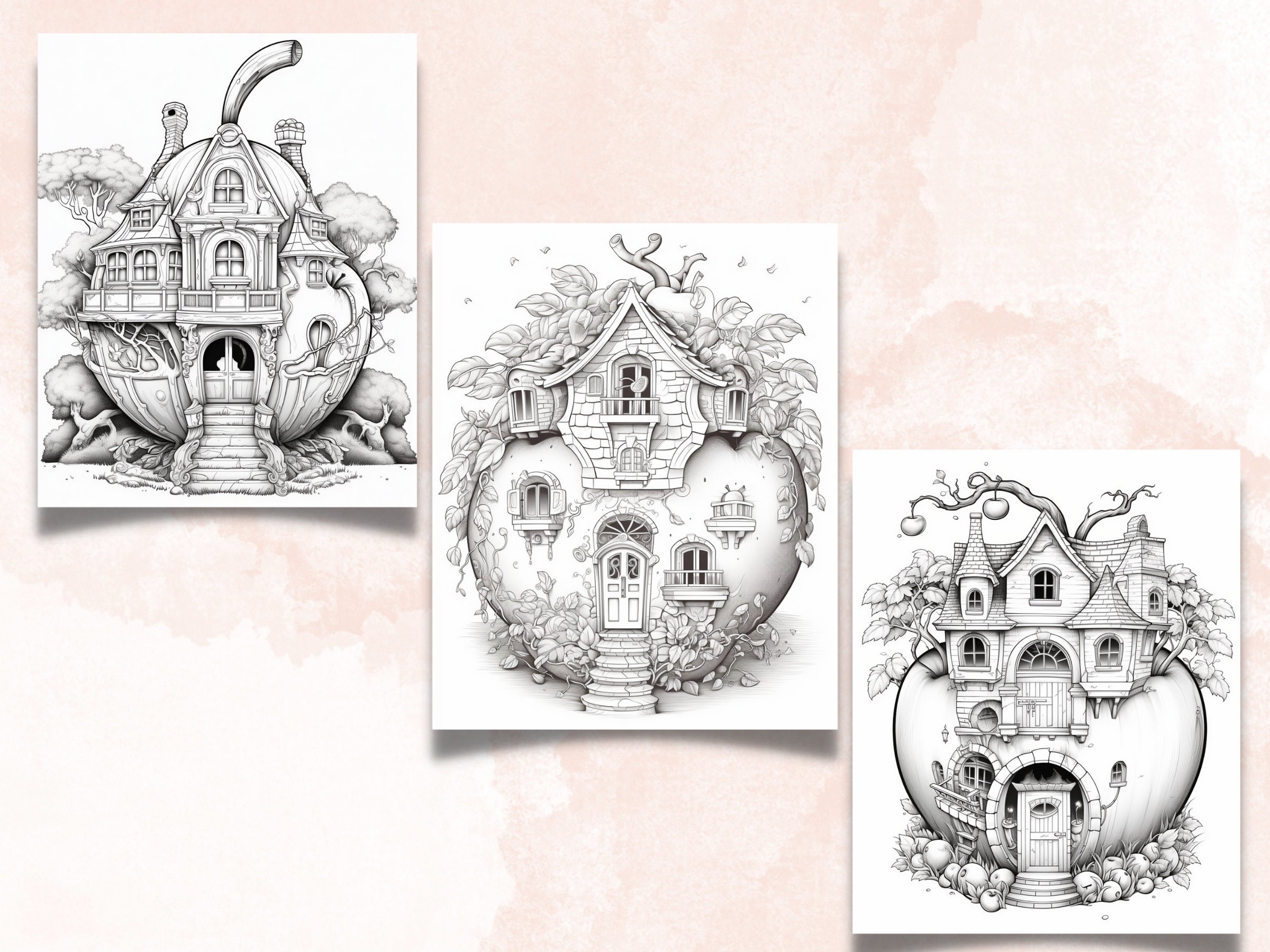 33 Fruit Houses Coloring Book Printable Fantasy Cute Kawaii - Etsy
