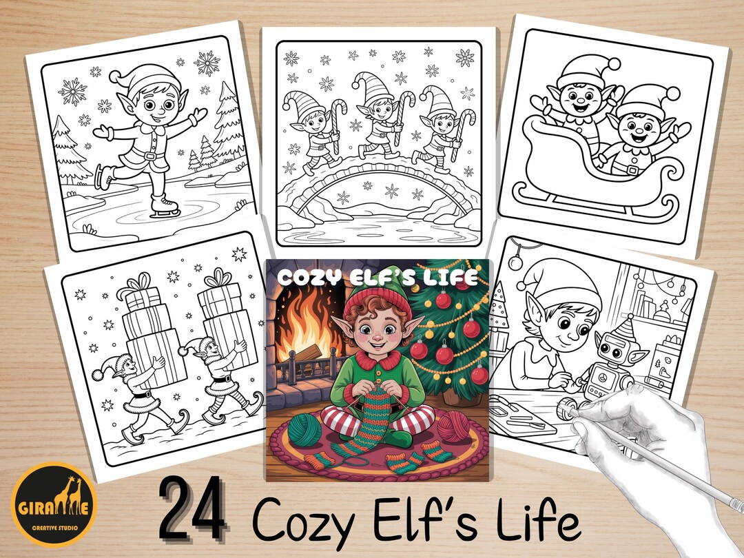 Cozy Elf's Life Coloring Book, Comfy Christmas Elves Coloring Pages ...