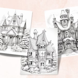 30 Christmas Houses Coloring Book, Printable Fantasy Xmas Cottage ...
