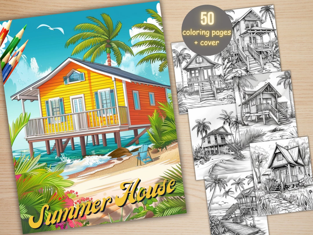 50 Summer Houses Coloring Book, Printable Beach Dream House Coloring ...
