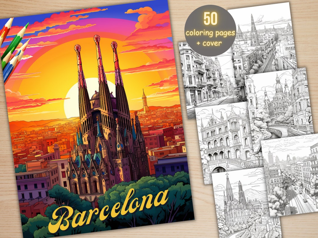 50 Barcelona City Coloring Book, Printable PDF, Cafe Scenes Coloring ...