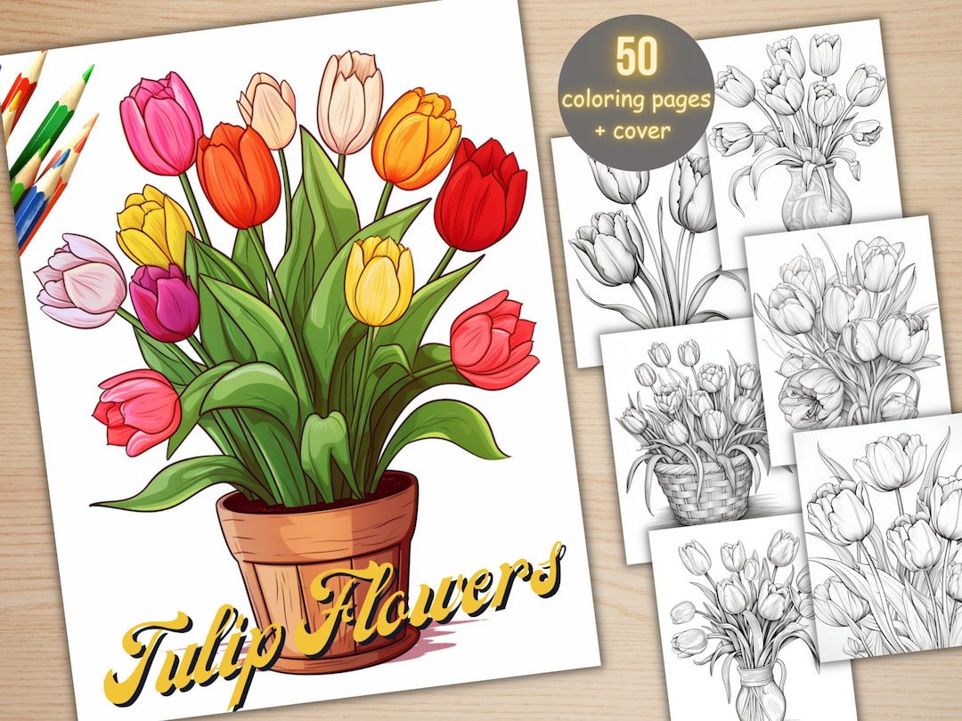 50 Tulip Flowers Coloring Book, Printable PDF, Botanical Floral Plant ...