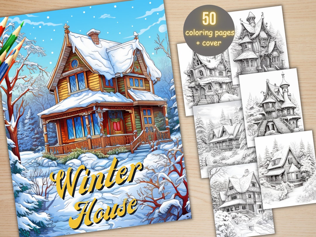 50 Winter House Coloring Book, Printable Fantasy Snowy House Coloring ...