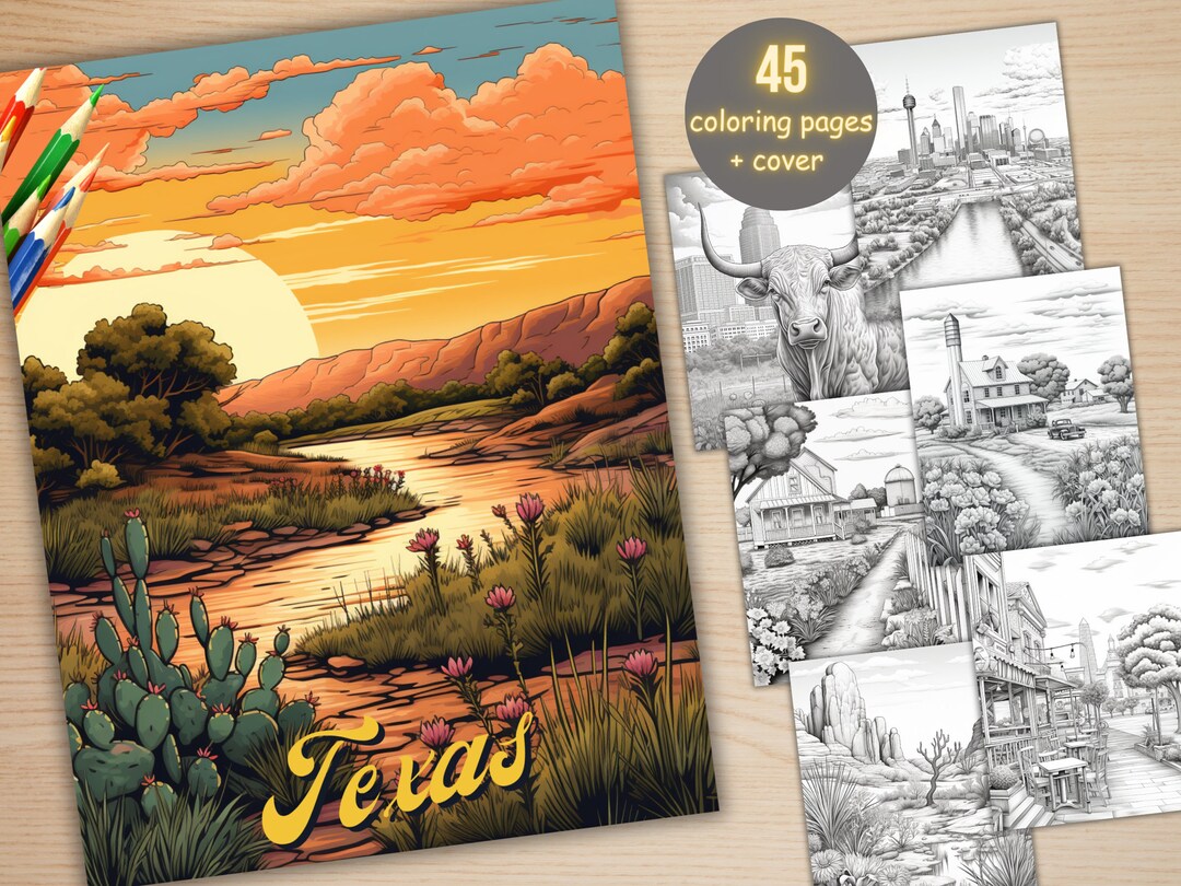 45 Texas City Coloring Book, Printable PDF, Austin Cafe Scenes Coloring ...