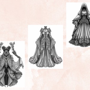 50 Gothic Dress Coloring Book, Printable Dark Fashion Dress Coloring ...