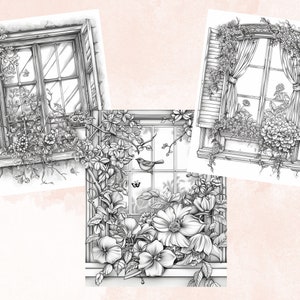50 Spring Windows Coloring Book, Printable Floral Window Coloring Pages ...