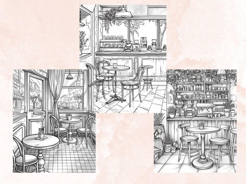 50 Cozy Cafe Scenes Coloring Book, Printable French Cafe Interior ...