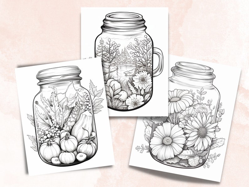 45 Fall Jars Coloring Book, Printable Fall Pumpkin in a Jar Coloring ...