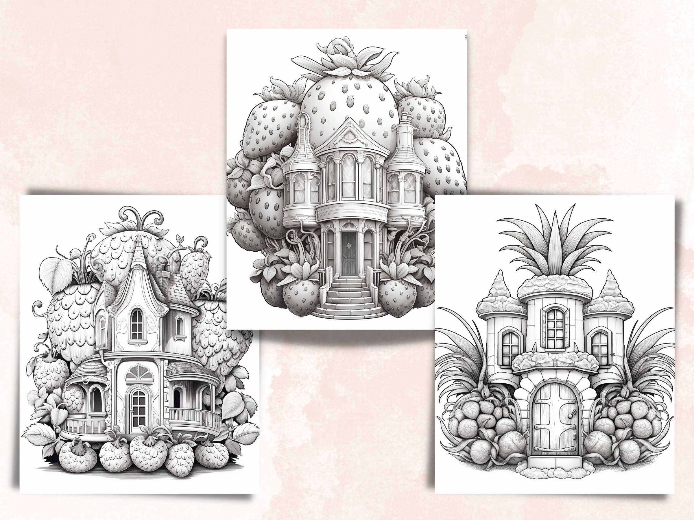 33 Fruit Houses Coloring Book Printable Fantasy Cute Kawaii - Etsy