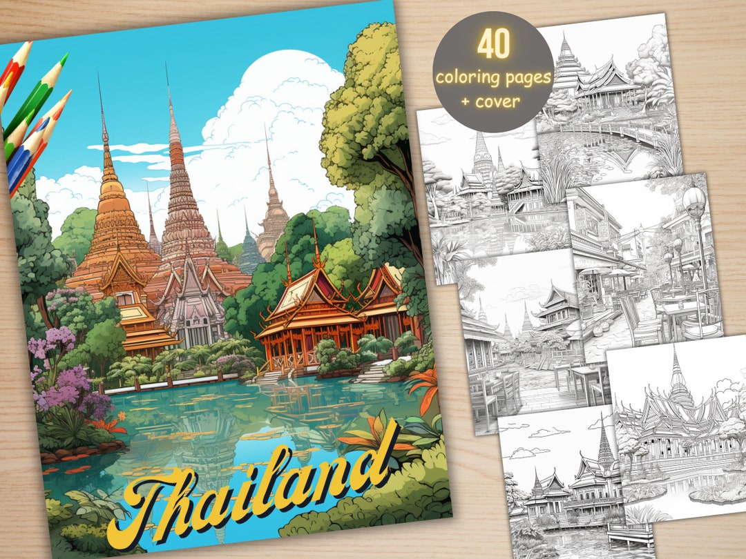40 Thailand City Coloring Book, Printable PDF, Bangkok Cafe Scenes ...