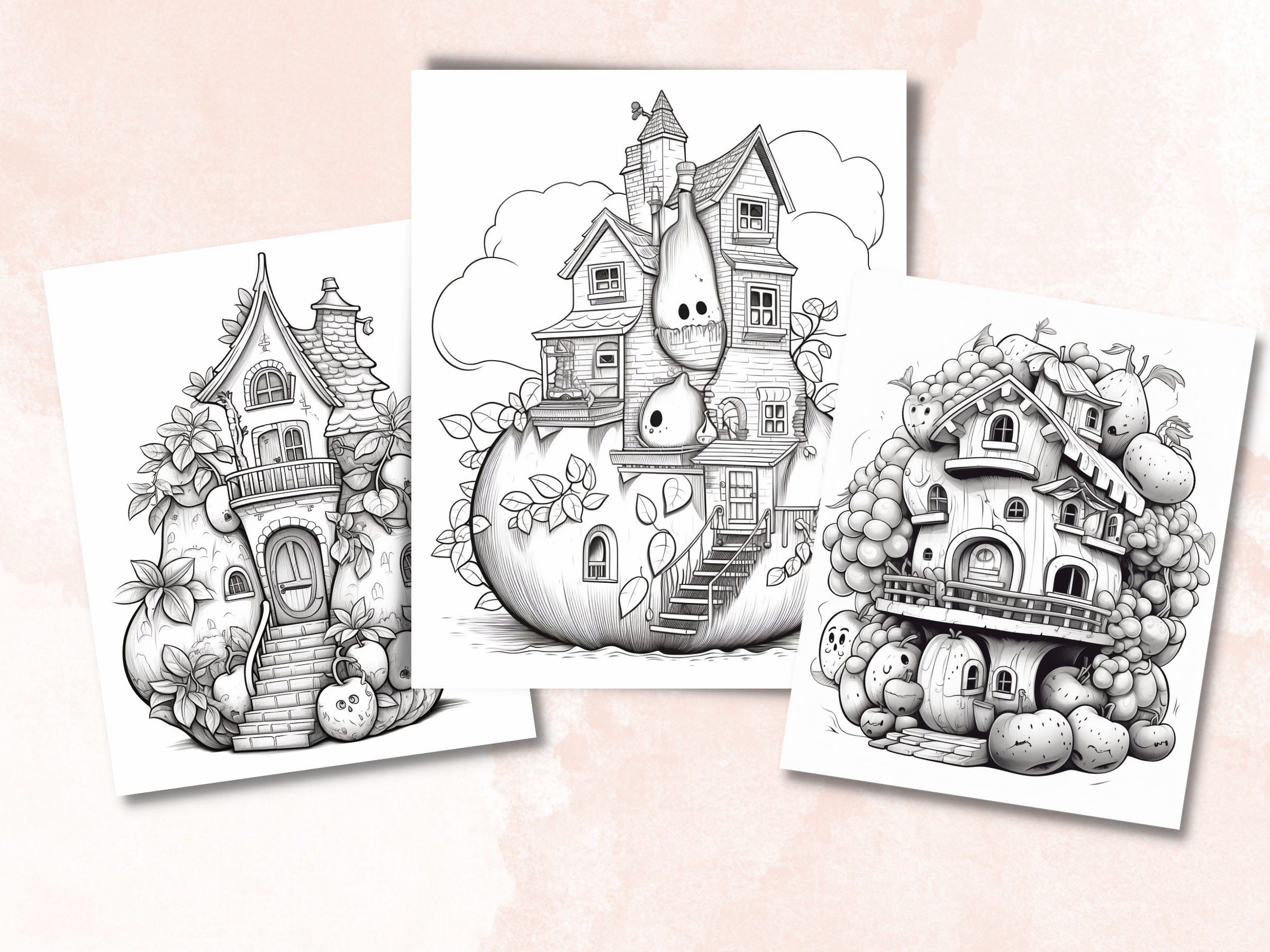 33 Fruit Houses Coloring Book Printable Fantasy Cute Kawaii - Etsy