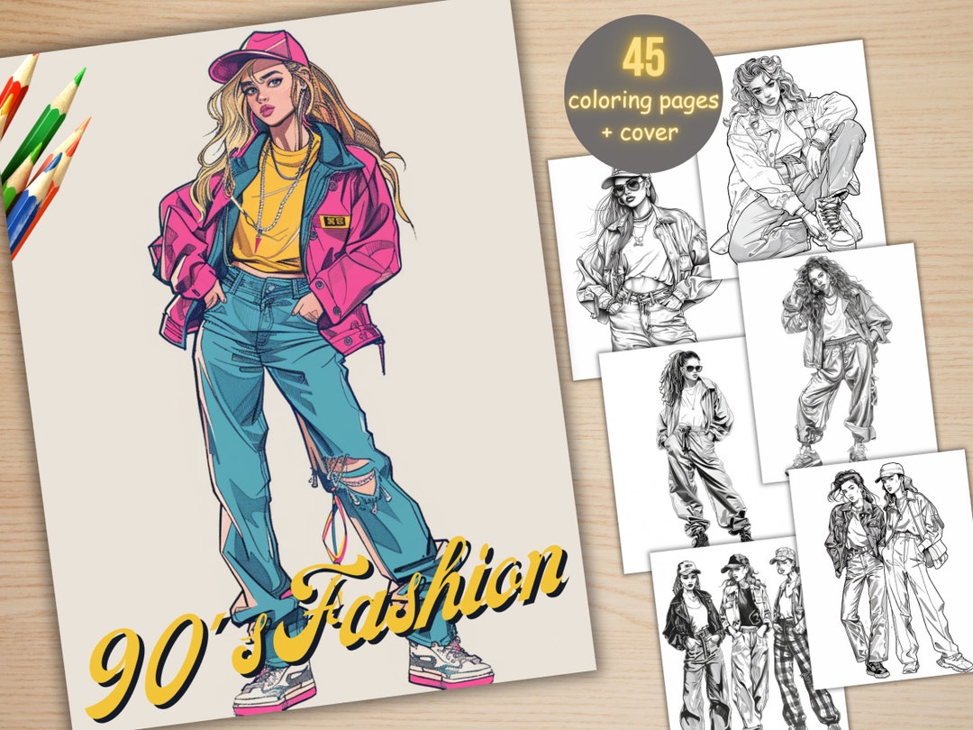 90's Fashion Style Coloring Book, Printable PDF, Vintage Fashion Women ...